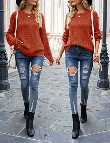 MEROKEETY Women's 2023 Casual Fall Waffle Knit Sweater Long Balloon Sleeve Loose Pullover Jumper, Rust, M