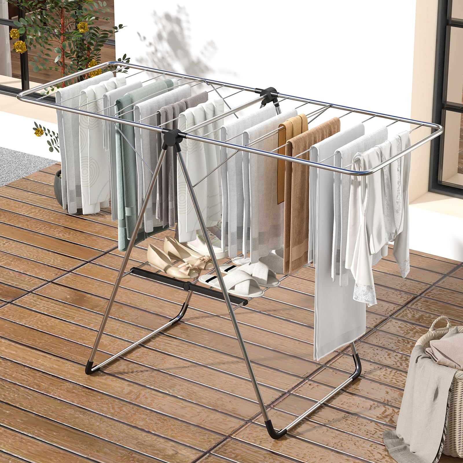 Giantex Clothes Drying Rack, 2-Layer Aluminum Foldable Laundry Drying Rack with 2-Level Adjustable Height, Anti-slip Foot Pad, Space Saving Freestanding Collapsible Laundry Drying Rack