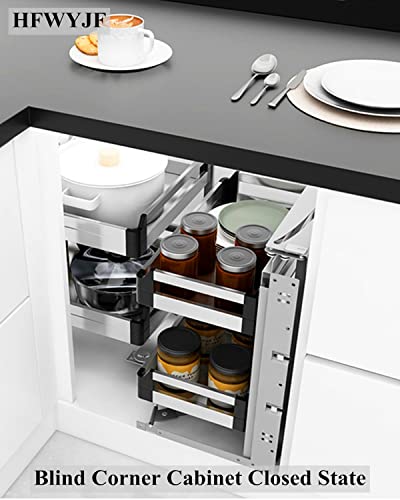 HFWYJF Blind Corner Cabinet Pull Out Organizer 15 Inch Opening,Magic Corner Base Cabinet Pull Out Left,Hidden Corner Cabinet Slide Out Shelves,2 Tier 4 Shelf Chrome Blind Corner Soft Close