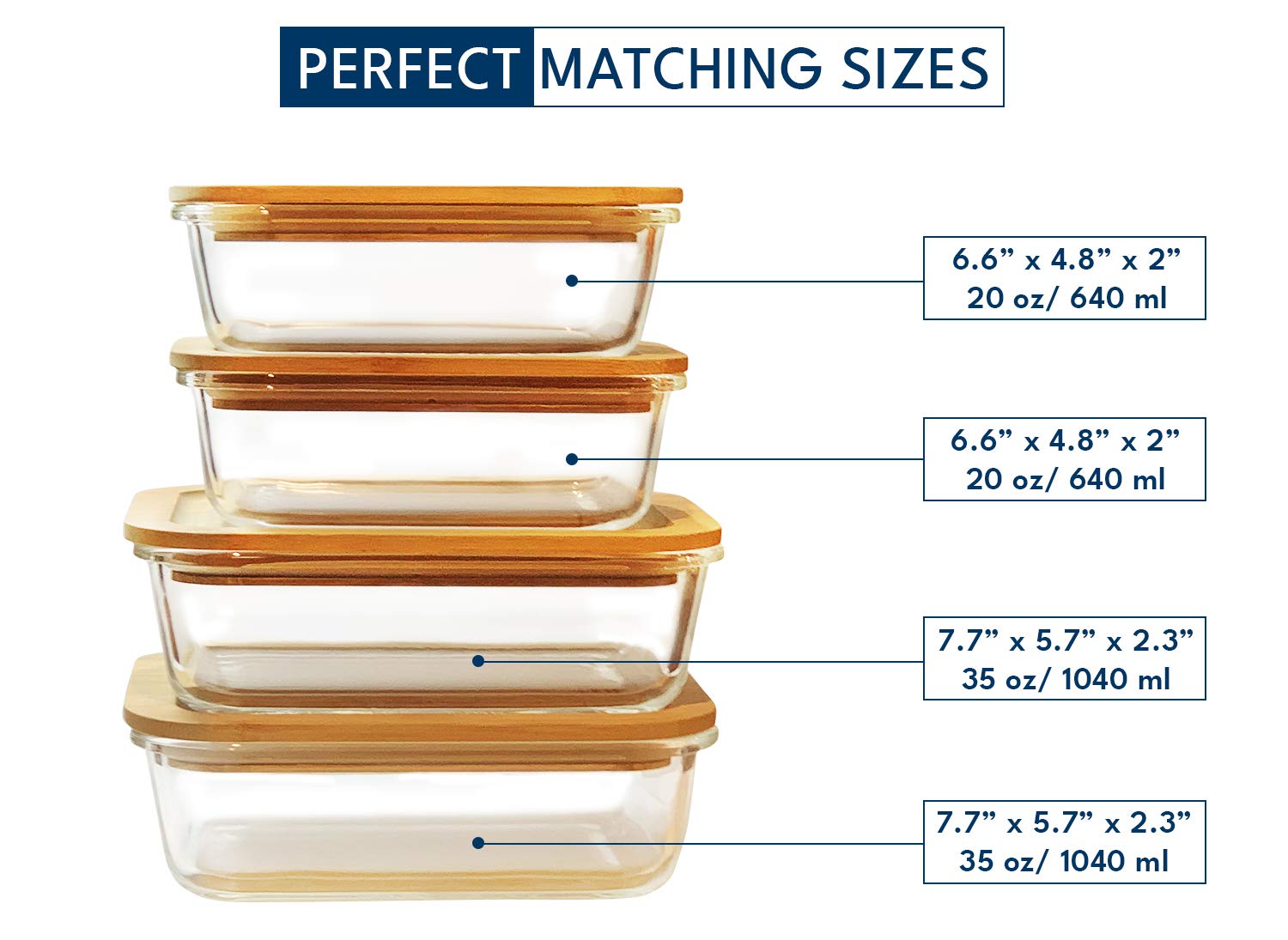 DE Glass Food Storage Containers with Bamboo Lids (4 Pack, 2 x 640ML & 2 x 1040ML) Eco Friendly Meal Prep Containers Reusable β Airtight, Plastic Free, BPA Free
