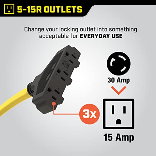 Champion Power Equipment 48034 25 ft. 30A 125V Generator Power 3750 Watts (L5-30P to Three 5-15R) Extension Cord, yellow