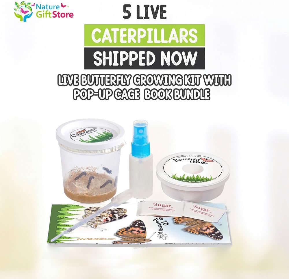 Live Butterfly Growing Complete Kit - Includes 5 Live Caterpillars - All-in-One Set with Net Cage, Food, and Rearing Supplies - Book Bundle