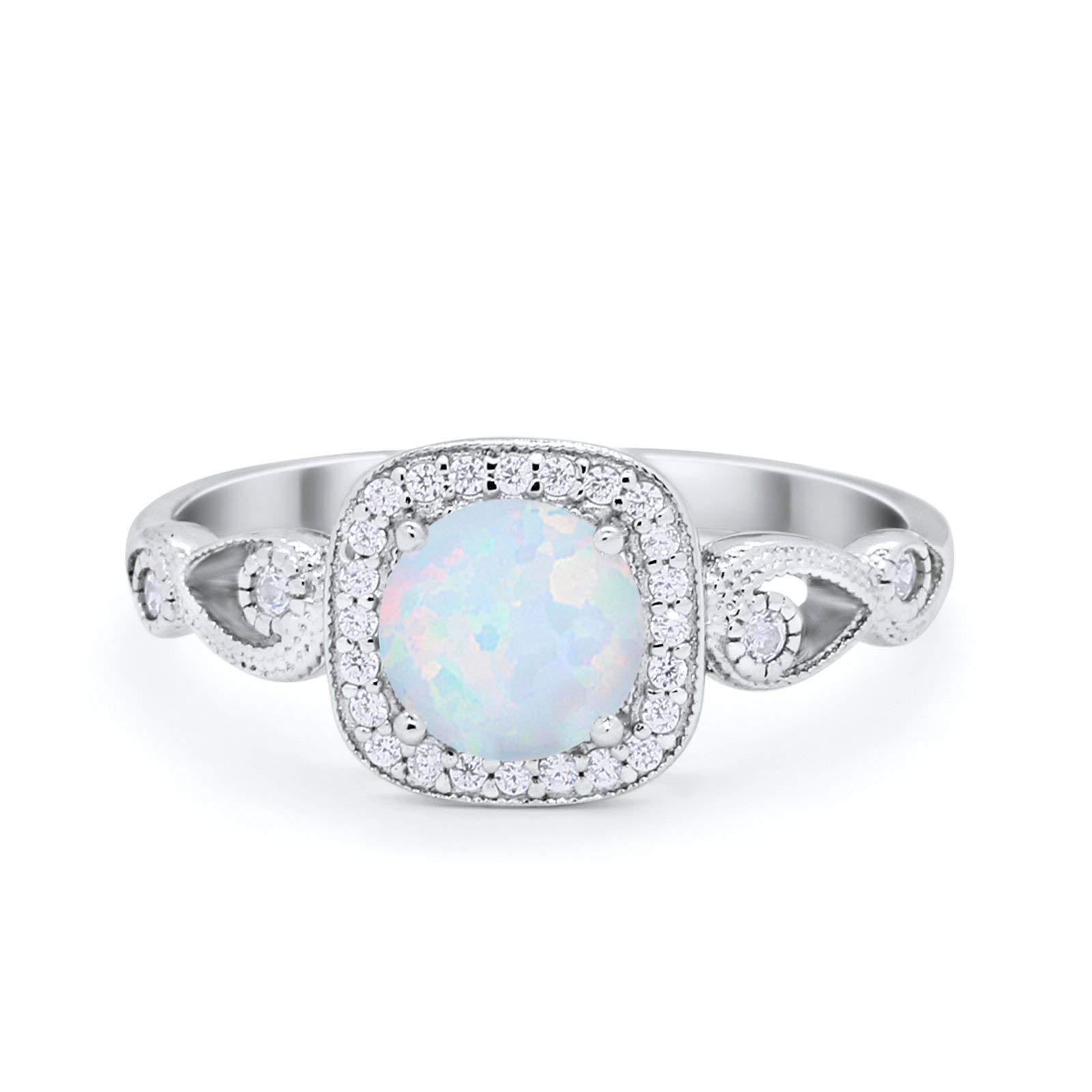 Blue Apple Co. Art Deco Filigree Vintage Style Wedding Engagement Bridal Ring Round Lab White Opal 925 Sterling Silver Size-8