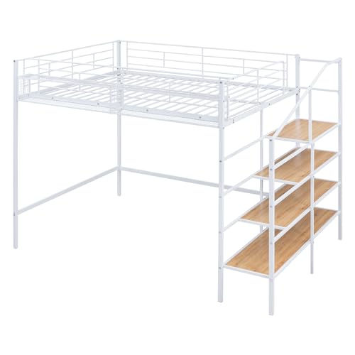 Full Size Loft Bed with Stairs, Metal Loft Bed Frame with Storage Steps, Heavy-Duty High Loft Bed with Grid Shelf for Kids Teens Adults, White