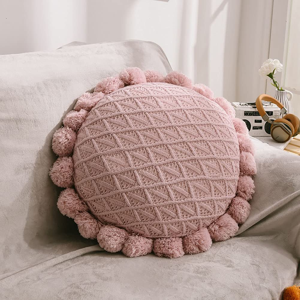 Teieas Bohemian Round Throw Pillows Chair Pad Seat Floor Pillow Cushions Handmade Pompoms Knitted Floor Mat Garden Dining Room Home Decor Outdoor Blush