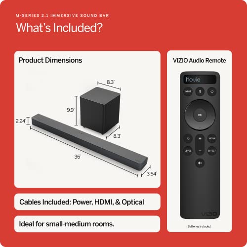 VIZIO M-Series 2.1 Immersive Sound Bar with 5 High-Performance Speakers, Dolby Atmos, DTS:X, Wireless Subwoofer and Alexa Compatibility, M215aw-K6, 2023 Model