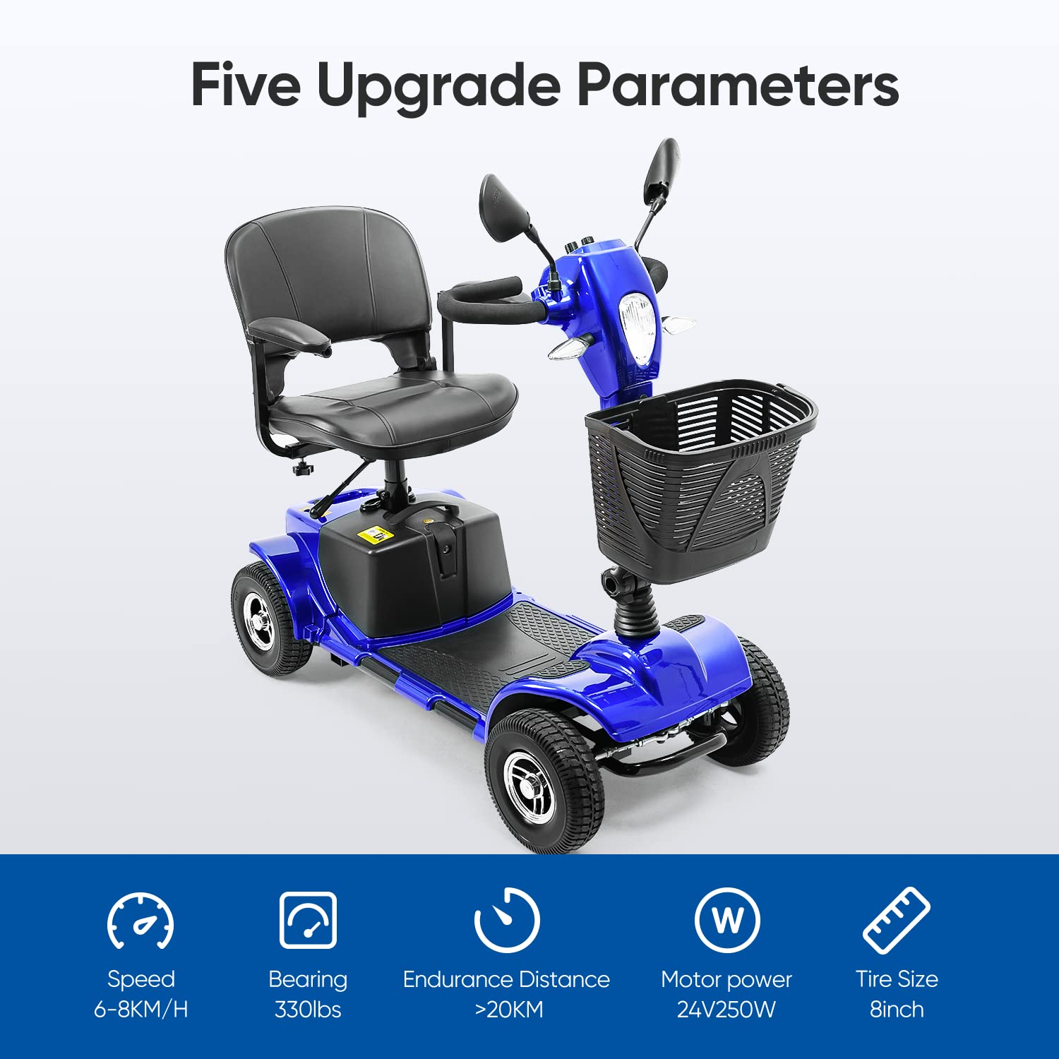 Cebihy 4 Wheel Mobility Scooter with Lights & Rearview Mirror, Electric Power Mobility Scooters for Seniors Adult, Foldable & Compact Duty Travel Scooter w/Basket and Extended Battery, Blue