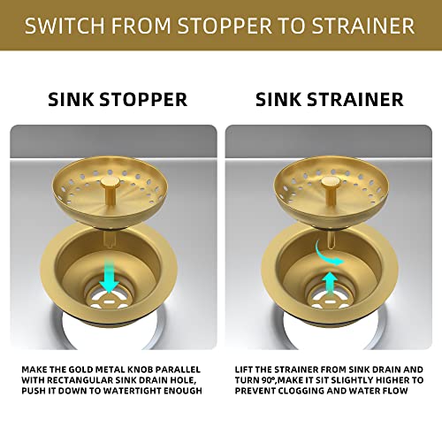 EXAKEY Kitchen Sink Drain Assembly Gold Sink Drain Strainer with Fixed Post 3-1/2 Inch Kitchen Drain with Strainer Basket and Drain Stopper for Standard Kitchen Sink Stainless Steel Brushed Gold