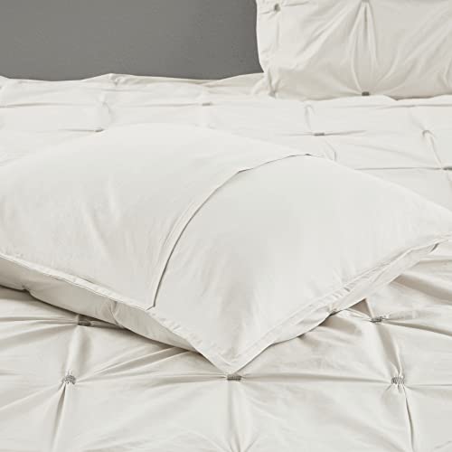 Ink+Ivy Masie Duvet Cover King/Cal King Size - White , Elastic Embroidery Tufted Ruffles Duvet Cover Set β 3 Piece β 100% Cotton Percale Light Weight Bed Comforter Covers