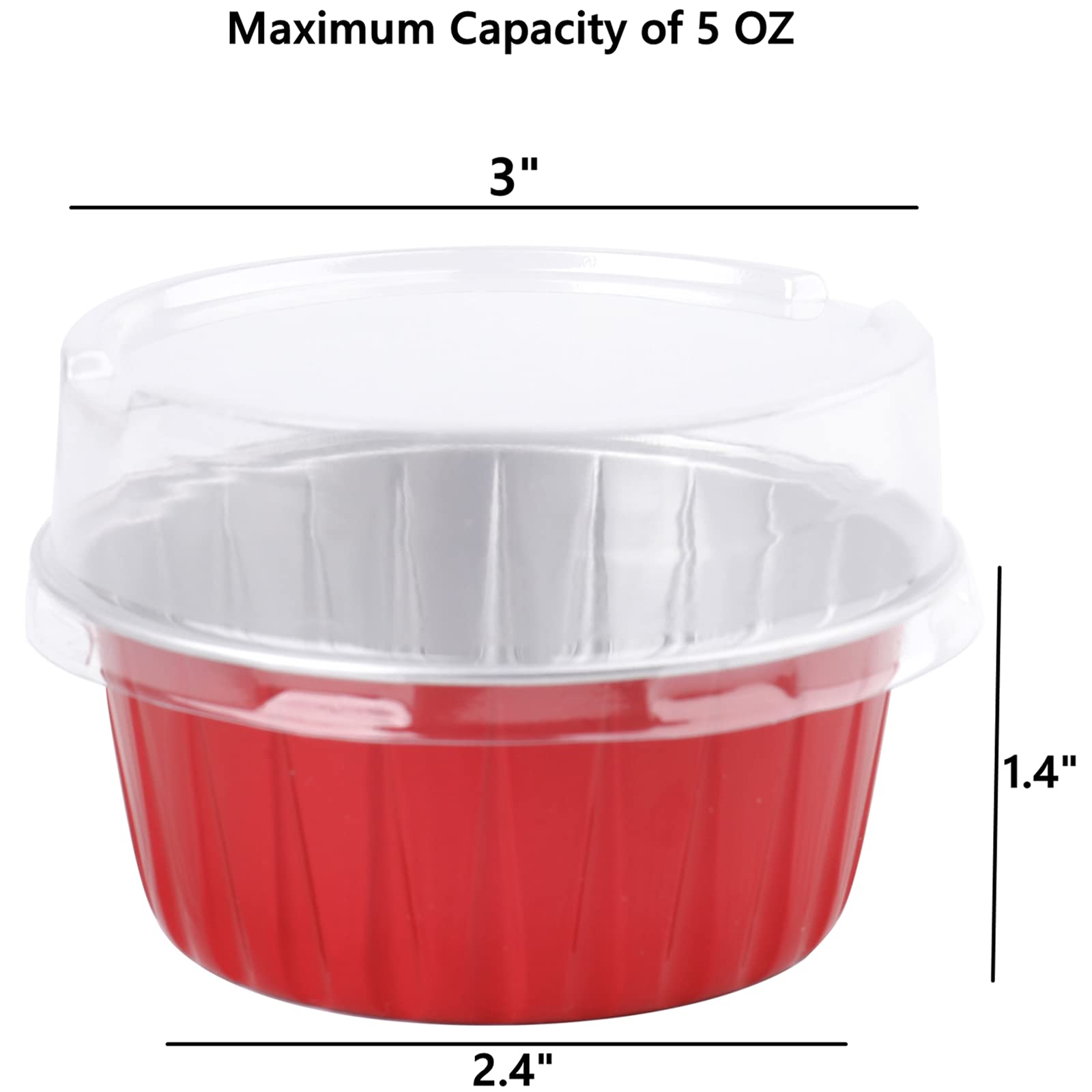 DEAYOU 100 Pack Aluminum Foil Ramekins with Lids, 5oz Muffin Cupcake Baking Liners Cups, 3" Round Disposable Recyclable Tart Pie Tin Pan Holder for Pudding, Party, Wedding, Oven Freezer Safe, Red