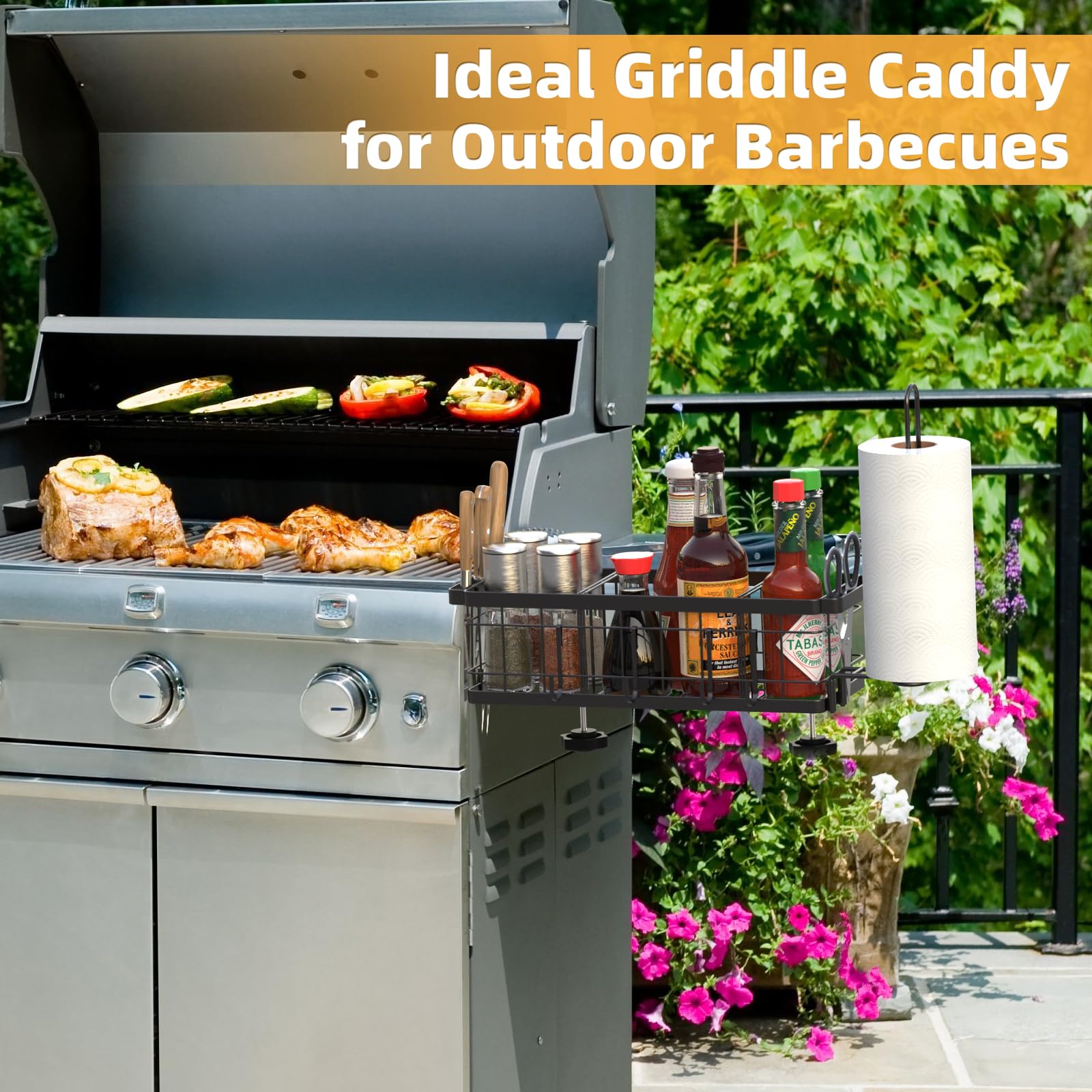 Blibly Griddle Caddy for Blackstone Griddle Accessories, Space Saving Outdoor Grill Accessories Storage Box, BBQ Caddy for 28"/36" Blackstone Griddles, Gas/Charcoal Grill, with a Paper Towel Holder
