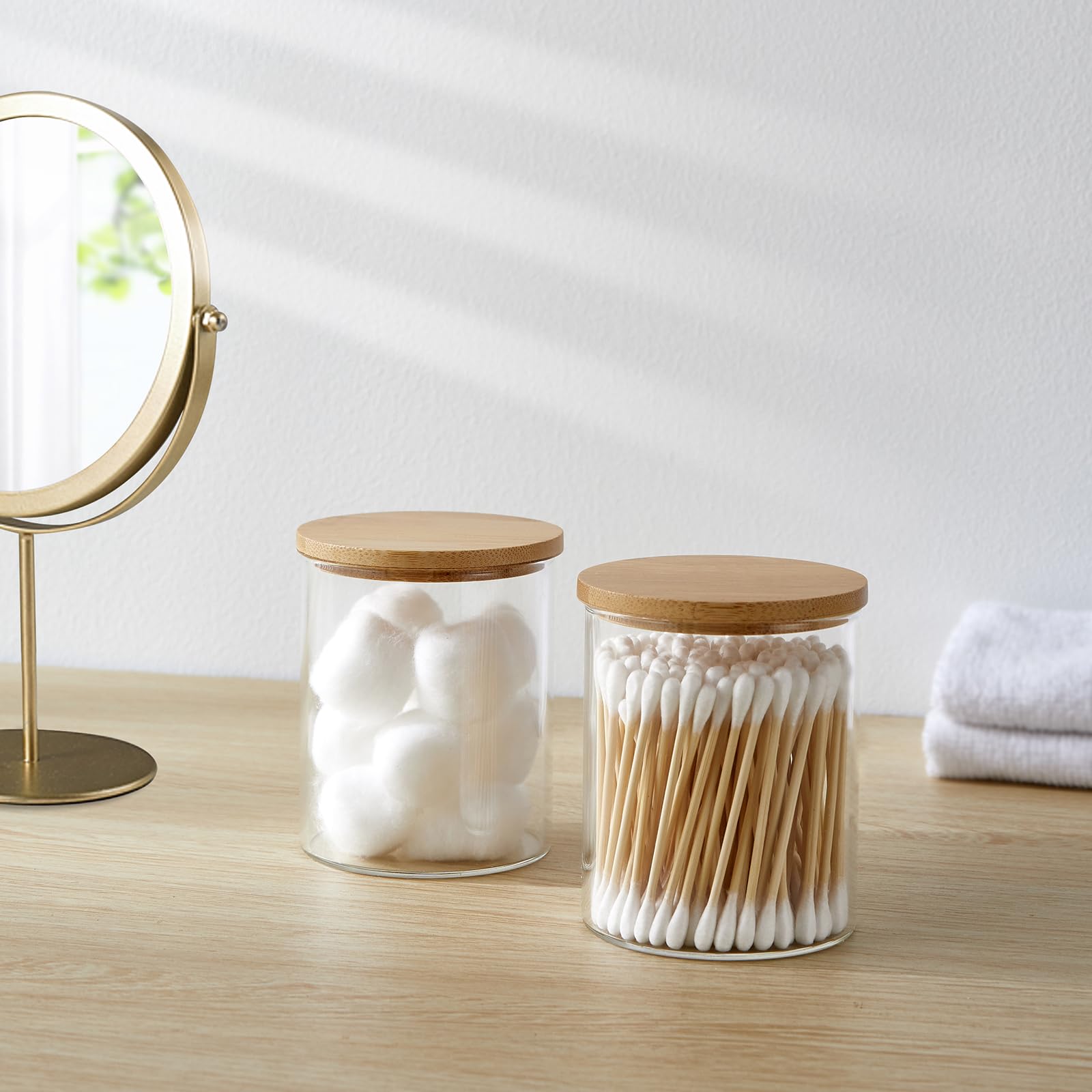 INIUNIK 3 Pack Glass Qtip Holder Bathroom Set, Clear Apothecary Jars with Lids, Cotton Ball Swab Round Holder Bathroom Essential Canisters Accessories for Organization and Storage