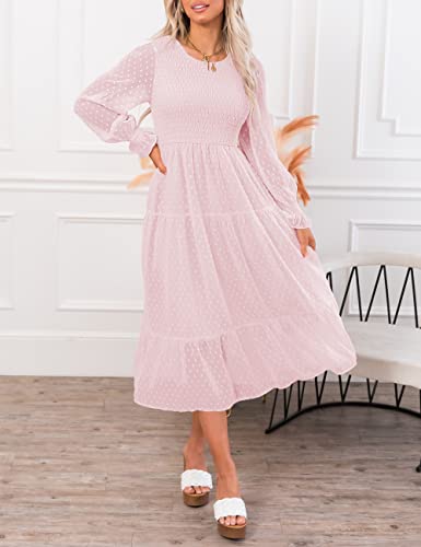 MEROKEETY Women's Long Sleeve Round Neck Smocked Elastic Waist A Line Tiered Dress,Pink,M