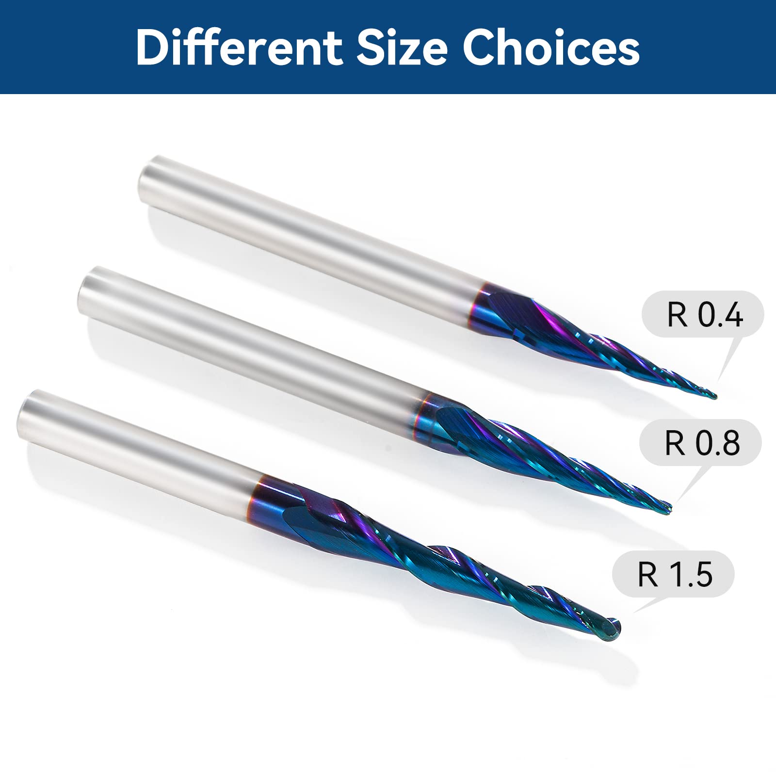 CNC Router Bits Spiral Tapered Ball-Mill 2D & 3D Carving Bits, 2.4 Deg Tapered Angle Ball Tip R1.5, 1/4"Shank 3"OVL for Wood Carving Engraving