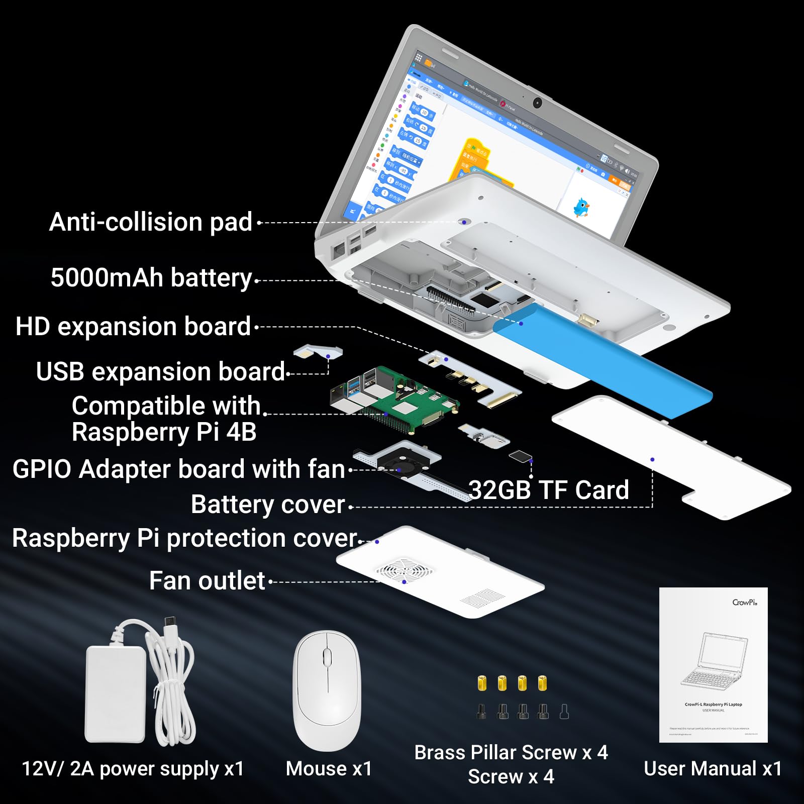 CrowPi-L for Raspberry Pi Kit, Programming Learning Laptop, Single Board Computer, Python and Graphical Coding Learning, Electronics STEM for Starter (RPI not Included)