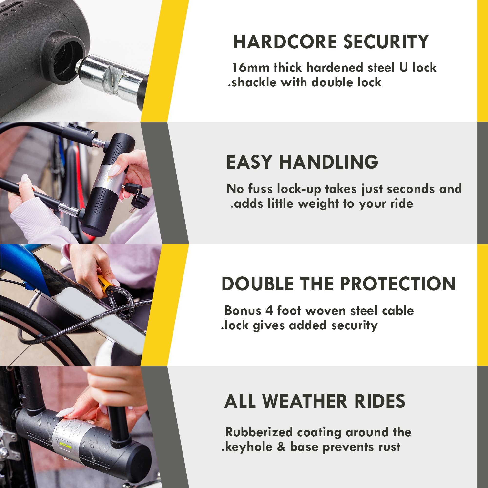 Bike U Lock - Sigtuna Bike Lock Heavy Duty Anti-Theft with 4ft/1.2m Cable, Bicycle U Lock with Sturdy Mounting Bracket for Mountain Bikes, Ebikes, Scooters
