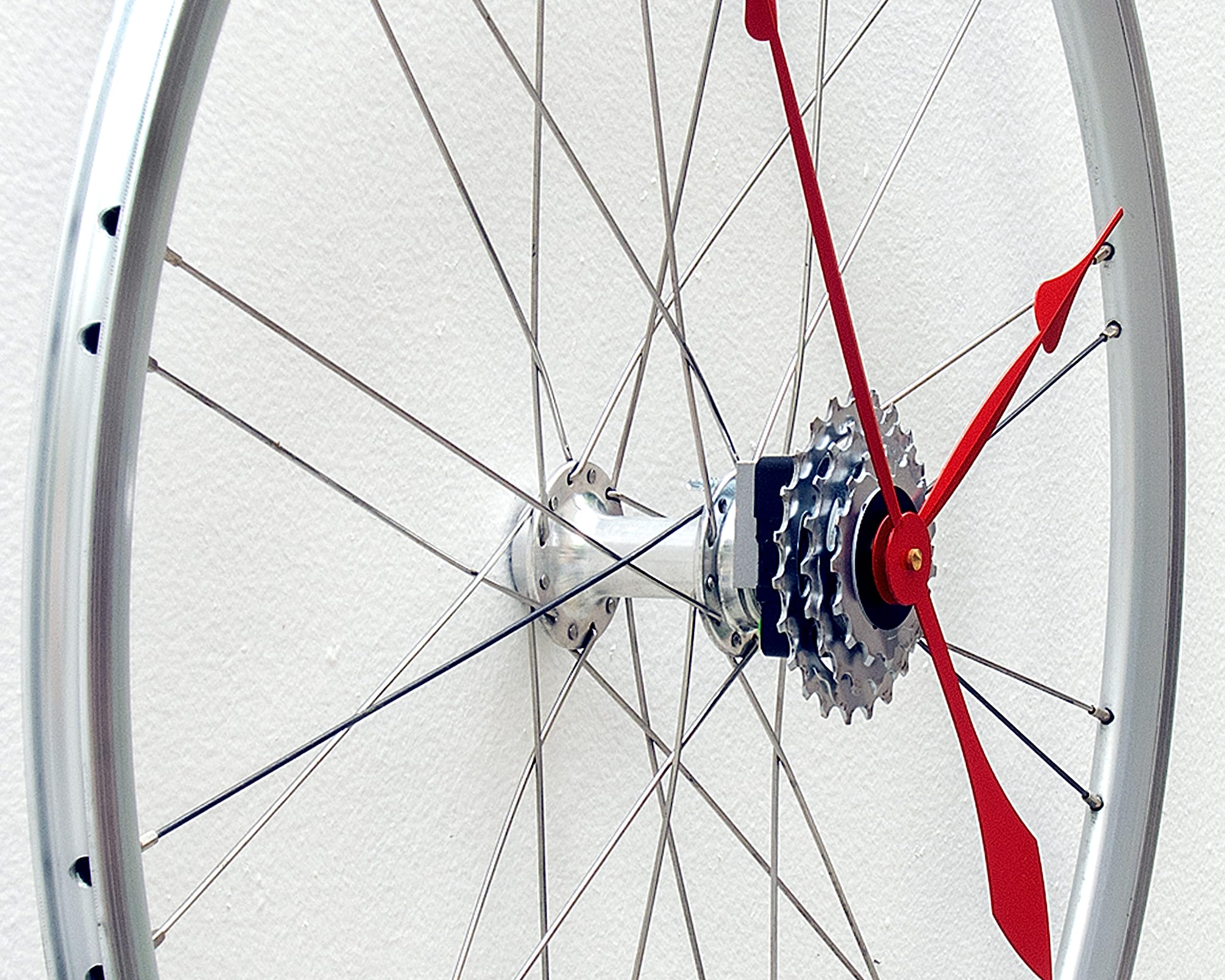 Bike Wheel Clock, Large, Wall, gear, Cycle, Gift, Unique, Steampunk, Decor, Bicycle, Modern, road, repurpose, reuse, upcycle, recycle, red