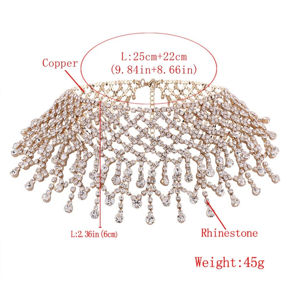 Chamvino Full diamond fashion exaggerated choker Water drop studded diamond tassel choker for Women's and girls gifts(gold/silver)