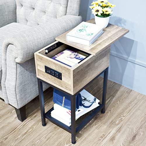 Nightstand with Charging Station USB Outlet, Narrow End Table with Storage Open Shelf, Couch Side Table Slide Top, Wood & Metal Modern Nightstand with Drawer for Bedroom Living Room Dorm, Light Brown