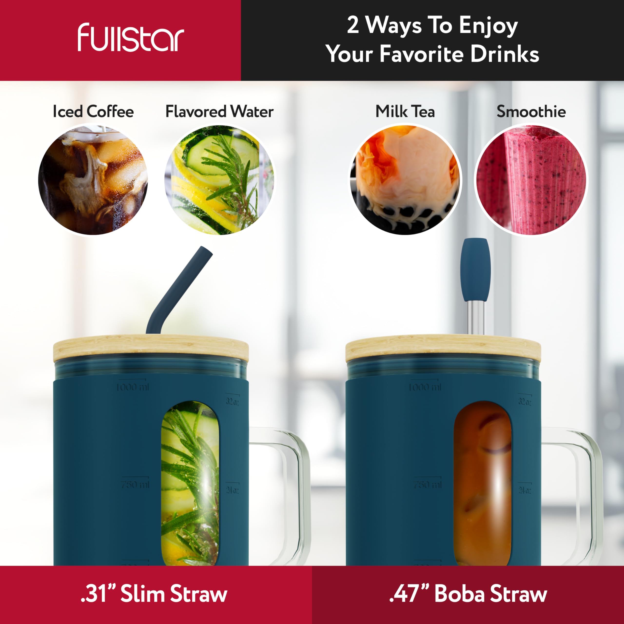 fullstar Glass Cups with Lids and Straws - Drinking Glasses, Glass Tumbler with Straw and Lid, Iced Coffee Cups, Glass Coffee Cups with Bamboo Lids (Dark Teal, 1 Pack)
