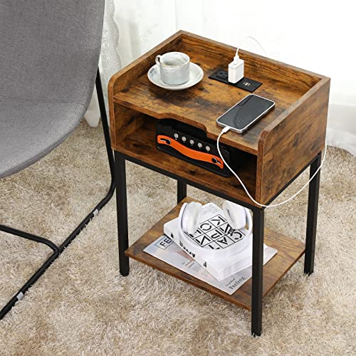 Nightstand with Charging Station, Side Table End Table with USB Ports and Power Outlets, Modern Bedside Night Stand for Bedroom, Living Room, Retro Brown 1-Pack