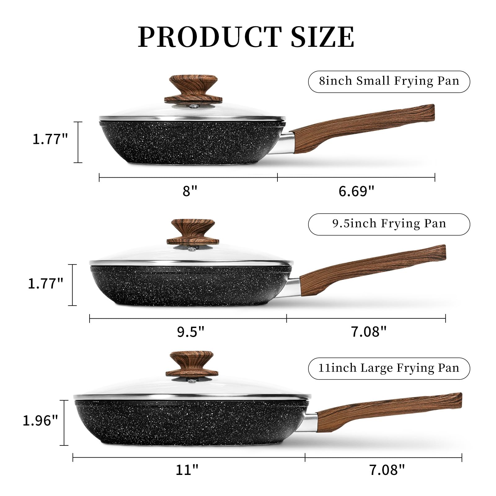 Frying Pan Set With Lids, Non Stick Pans Set Of 3, Nonstick Skillet Pans Set Egg Omelette Pans W/Lid, Non Toxic Cooking Kitchen Pan Set Induction Skillets, PFOA Free, Black