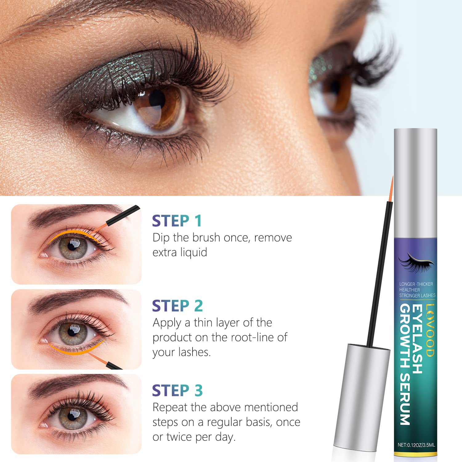 LOVOOD Premium Eyelash Growth Serum Booster, Lash & Eyebrow Enhancer Serum with Biotin & Natural Growth Peptides, Promotes Long Thick Lashes and Brows Irritation Free