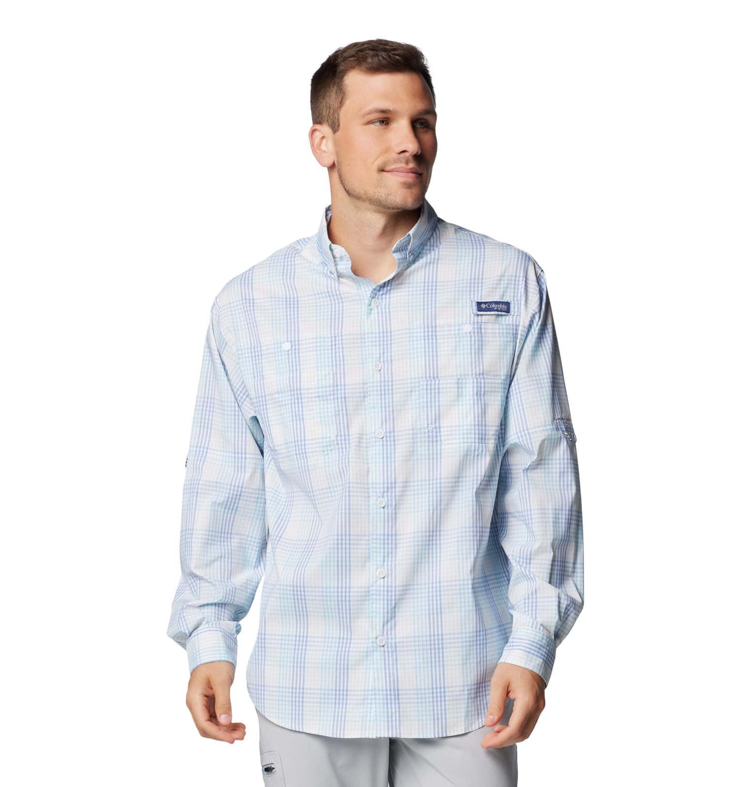 Columbia Men's Super Tamiami Long Sleeve Shirt, Vivid Blue Multi Gingham, Large