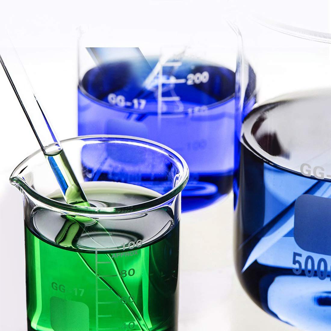 Glass Beakers Set, ZEEROQOLAB 5pcs Measuring Pyrex Beaker 1000ml 500ml 250ml 100ml 50ml with 2pcs Cleaning Brush, 3pcs Droppers and 2pcs Glass Stirring Rods