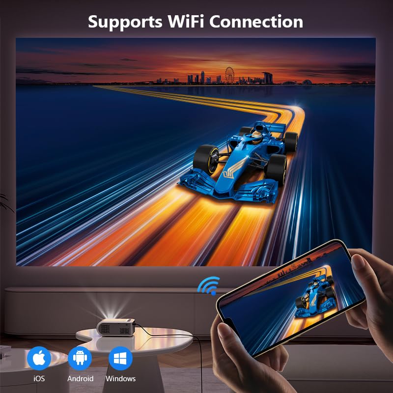WiFi Mini Projector for iPhone, DZA Outdoor Portable Projector Supports 1080P with Synchronize Smartphone Screen, Movie Projector for Home Theater Compatible with iOS/Android/PC/TV Stick, and HDMI/USB