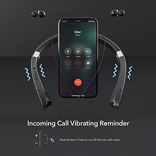 Neckband Bluetooth Headphones w/ 30hrs Playback, Wings Foldable Wireless Headset Retractable Earbuds, Around The Neck in Ear Earphones w/Noise Cancelling Microphones, Work from Home, Office, Commute