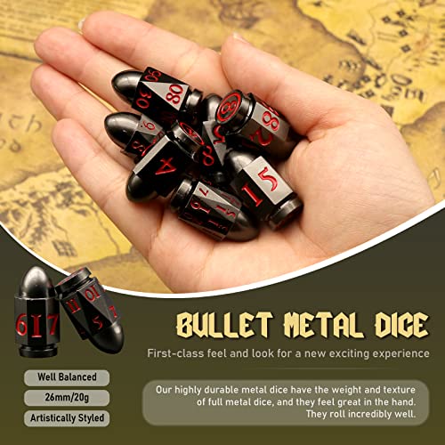 Metal Bullet Dice Set, DND Dice Set Dungeons and Dragons Dice, ZHOORQI D6 Dice Set D&D Dice Gifts for Role Playing Games, Pathfinder, Warhammer 40k or Theme Tabletop Games(7Bullet-Black Red)