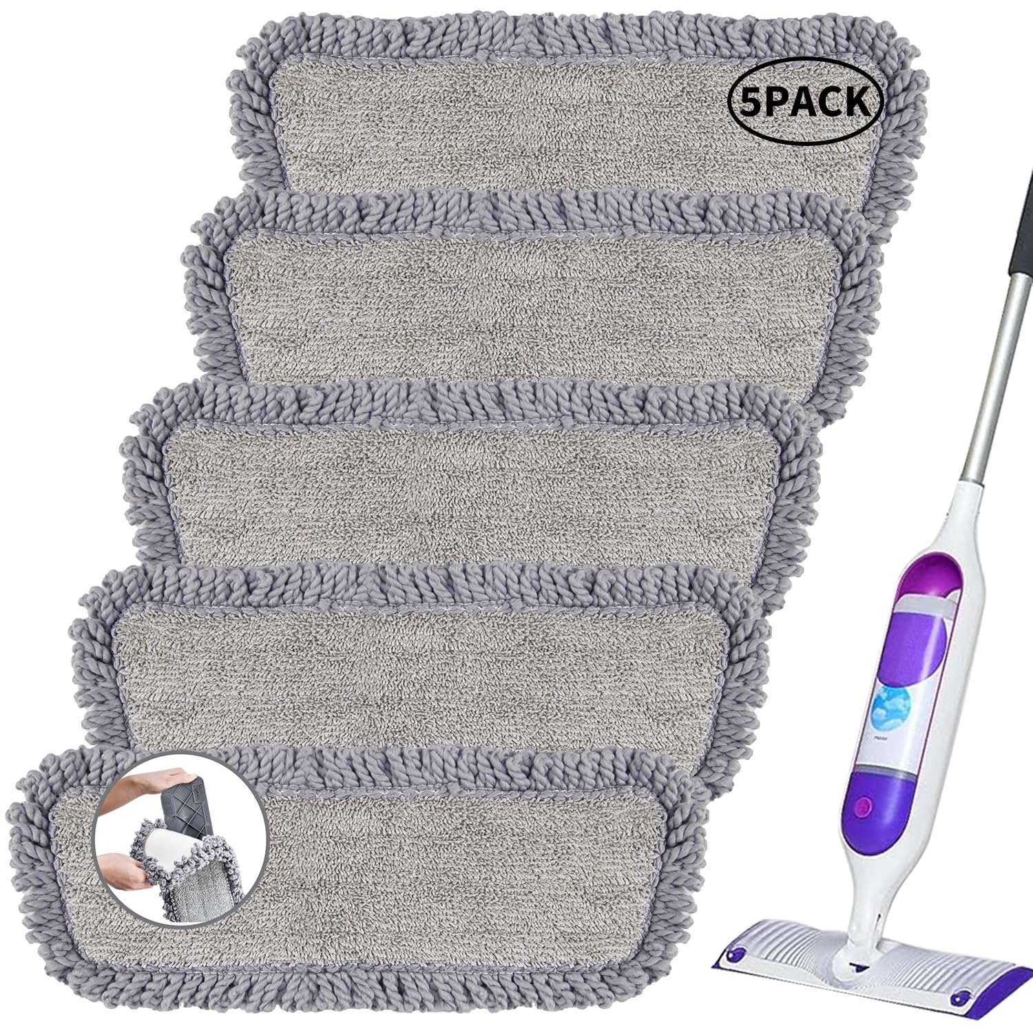 EXEGO Reusable Mop Pads Refills for Swiffer Power Mop Microfiber Mop Pads Refills Machine Washable Household Replacement Mop Pads Compatible with Swiffer Power Mop 13"-15" Spray Wet Mops, 5 Pack