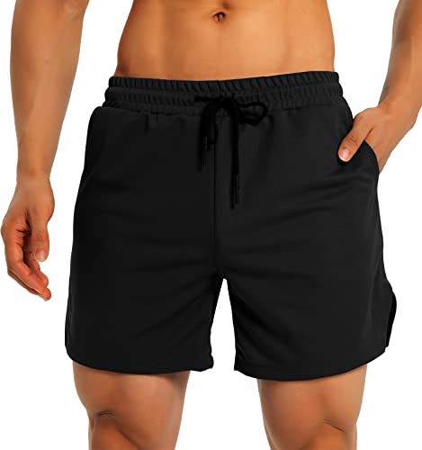 CNRUWE Mens Workout Running Shorts Lightweight Breathable Gym Athletic Shorts 5 inch Inseam Short Men with Zipper Pockets,Black M