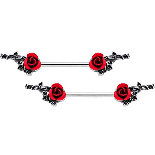 Body Candy 14G Womens Nipplerings Piercing 9/16" 316L Steel 2Pc Red Rose Gunslinger Gun Nipple Ring Set