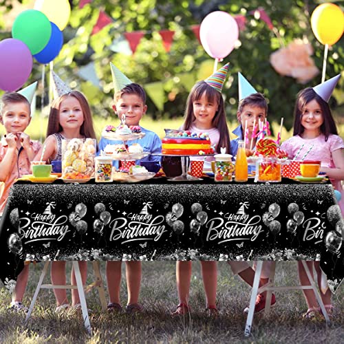 Happy Birthday Decorations-3pcs Sliver and Black Birthday Tablecloth,Rectangle Plastic Disposable Birthday Table Covers Party Decoration for Men Women 90th 80th 70th 60th 50th 40th 30th Birthday