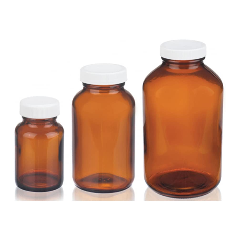 Wheaton W216944 Wide Mouth Packer Bottle, Amber Glass, Capacity 32oz With 53-400 White Polypropylene Poly-Vinyl Lined Screw Cap, Diameter 99mm x 178mm (Case Of 12)