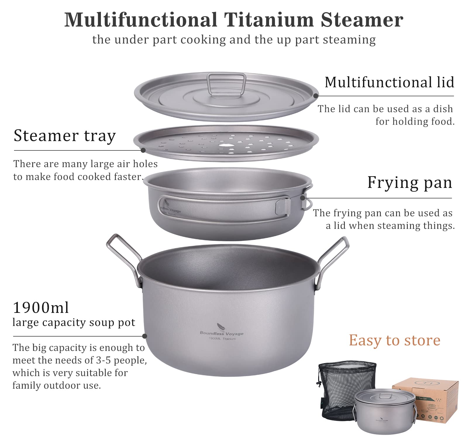 Boundless Voyage Titanium Steamer Pot Frying Pan Set with Lid Outdoor Camping Saucepan Mess Kit Multifunctional Cooking Pot Ti2057C