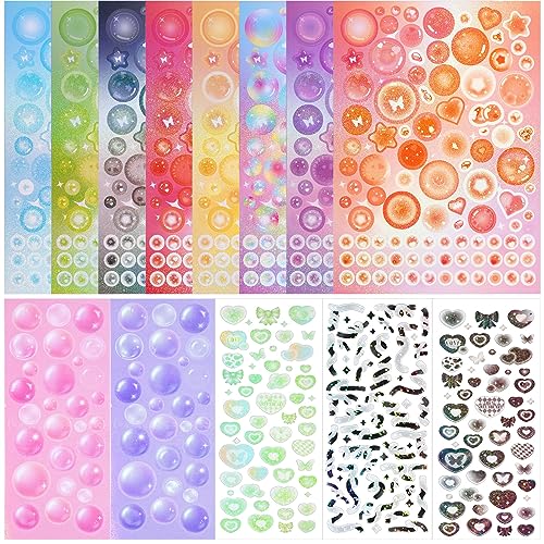 HINZIC 18 Sheets Deco Stickers Kpop Colorful Korean Stickers for Photocards Glitter Ribbon Bow Heart Bubble Star Scrapbook Stickers for Water Bottles Album Keyholder DIY Decor Card Making