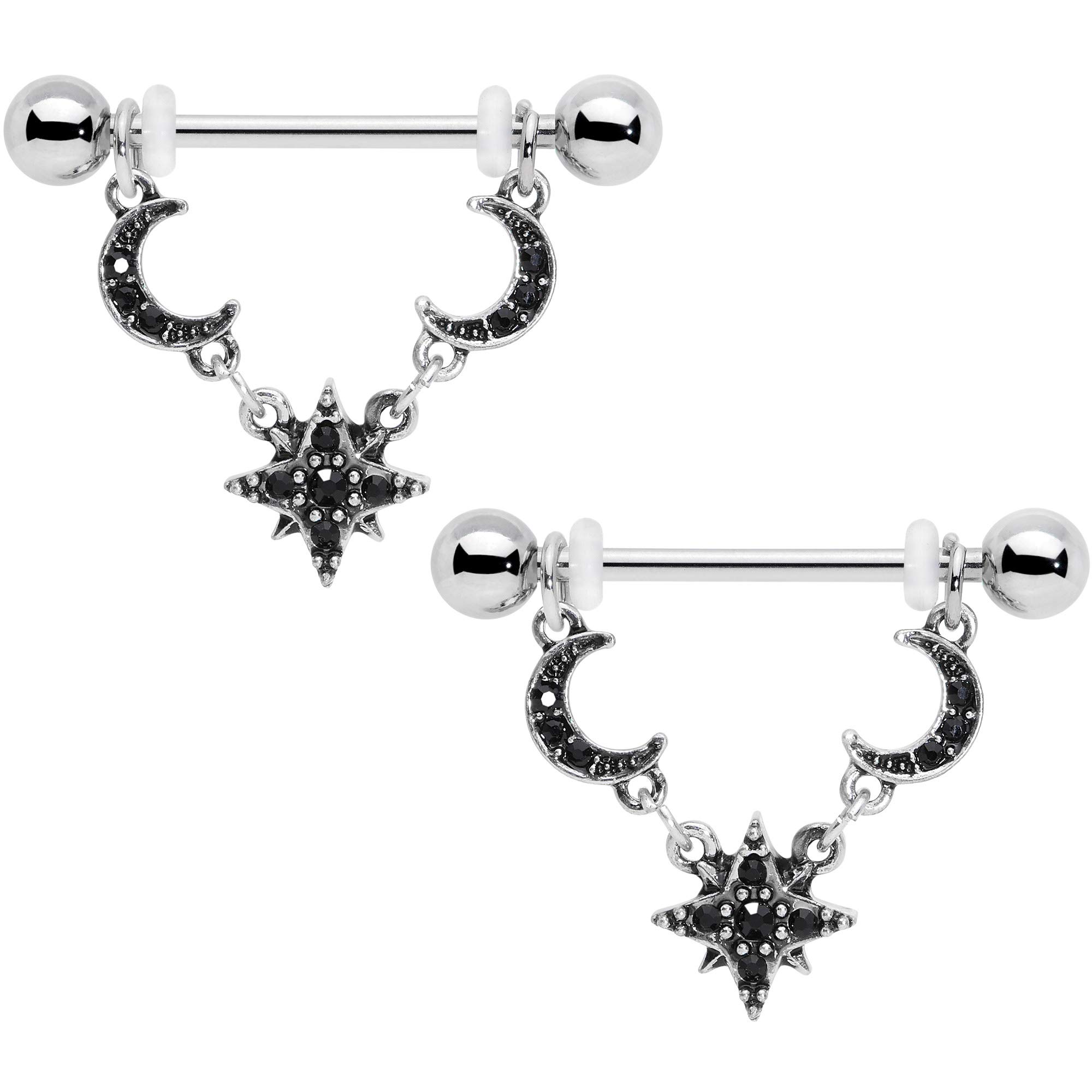 Body Candy 14G Womens Nipplerings Piercing 316L Steel 2Pc Crescent Moon Star Nipple Ring Set 9/16"