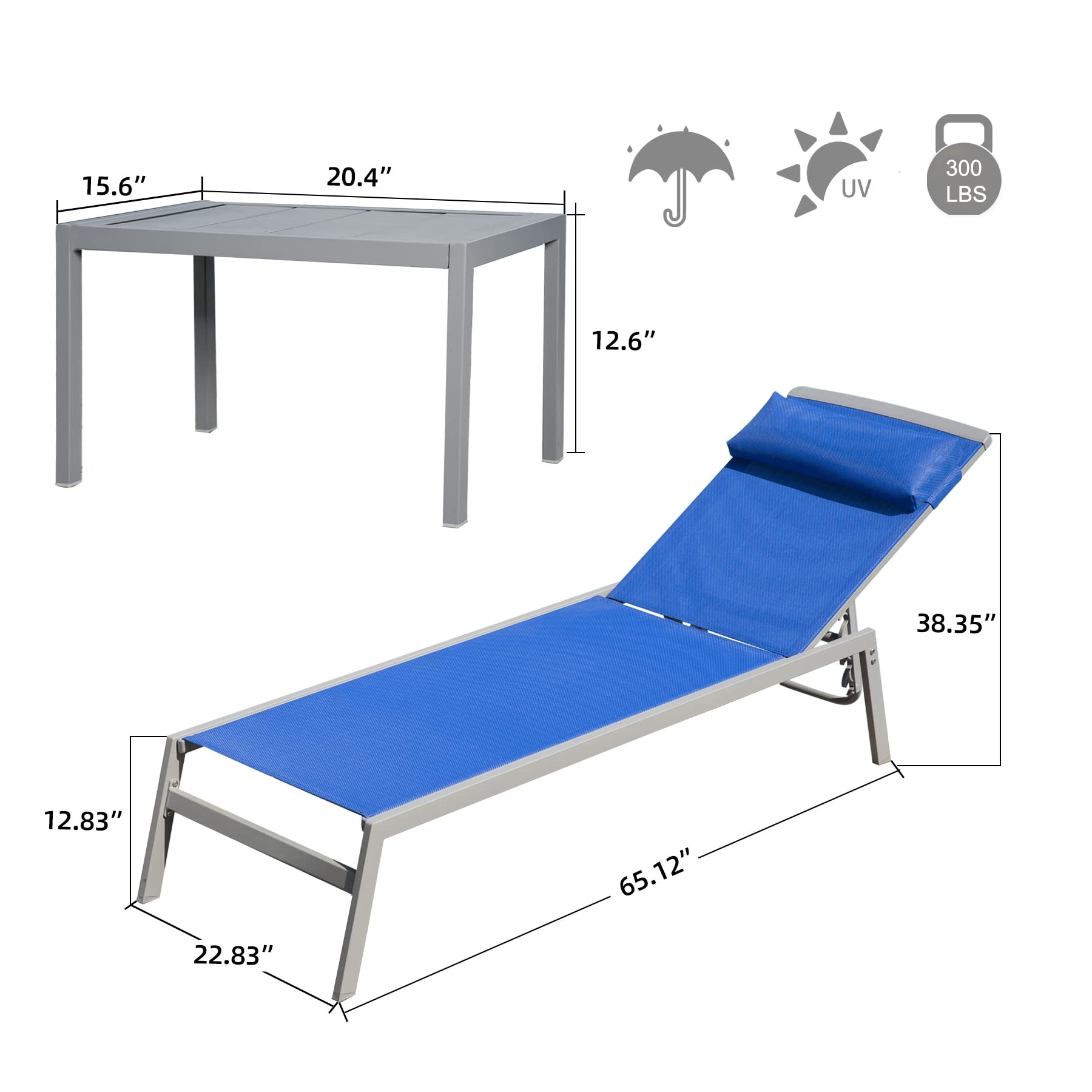 Domi Patio Chaise Lounge Set, Aluminum Pool Lounge Chairs with 5 Adjustable Position, Breathable Textilene Fabric, Sunbathing Pool Chairs with Headrest and Side Table, Blue
