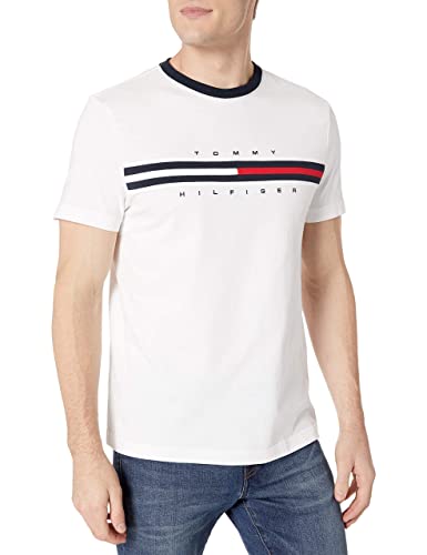 Tommy Hilfiger Men's Short Sleeve Signature Stripe Graphic T-Shirt, Bright White, SM