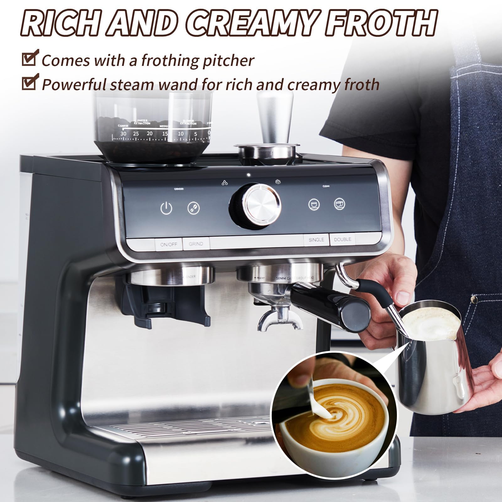Espresso Machine With Grinder And Frother,20 BAR Professional Espresso Maker,Coffee Machine Espresso With Fast Heating System Making Cappuccino Latte for Home Office
