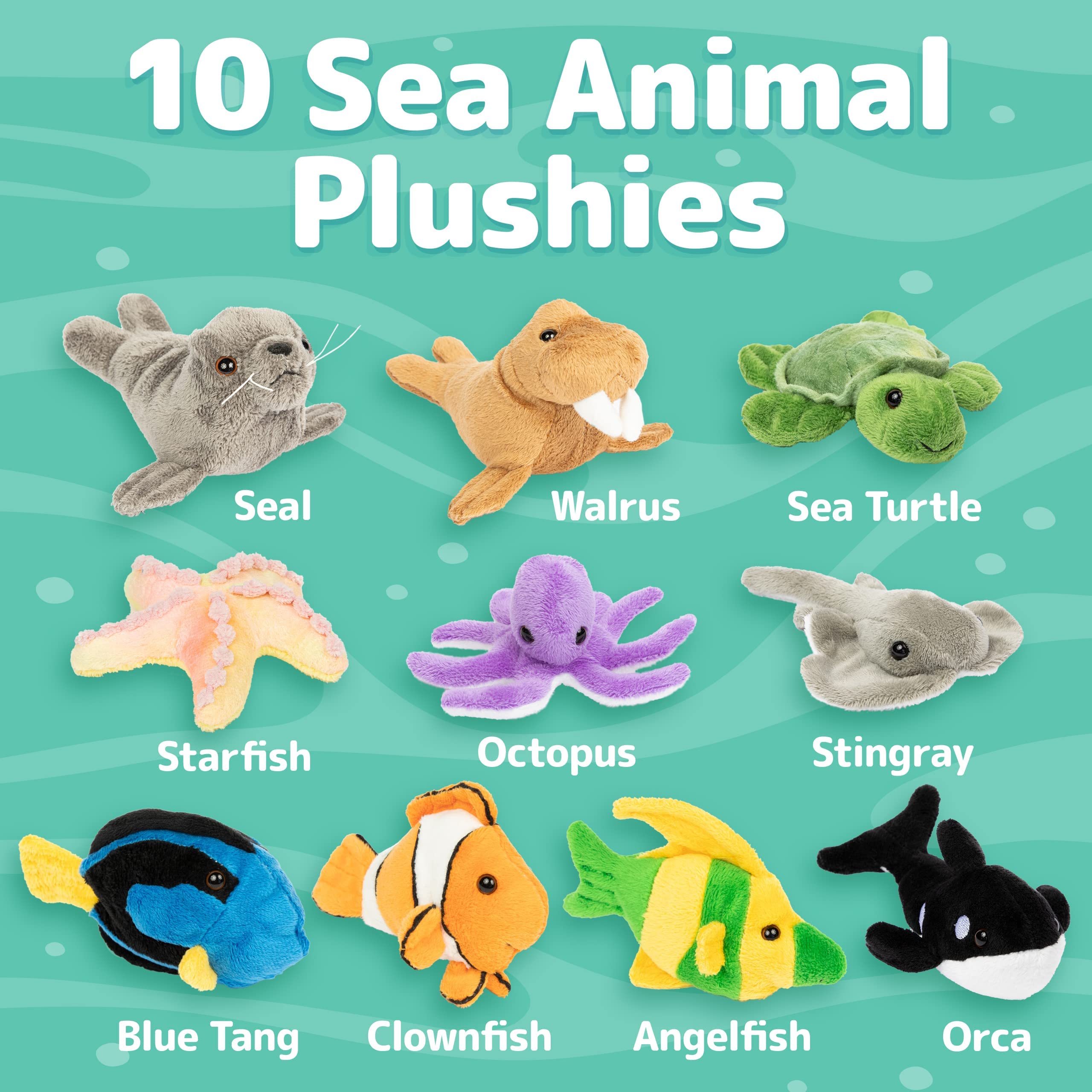 PREXTEX 10 Piece Plush Soft Stuffed Sea Animals - Small Stuffed Animals Bulk - Playset Plush Assortment, Turtle, Stingray, Nemo Fish, Killer Whale and More - Bulk Stuffed Animals