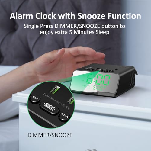 Electronic Alarm Clock with USB Charger Power Strip, 6FT Power Cord Alarm Clock Charging Station with 4 USB Ports and 2 Outlets for Bedside, Home, Hotel (Adjustable Brightness, ON/Off Switch)