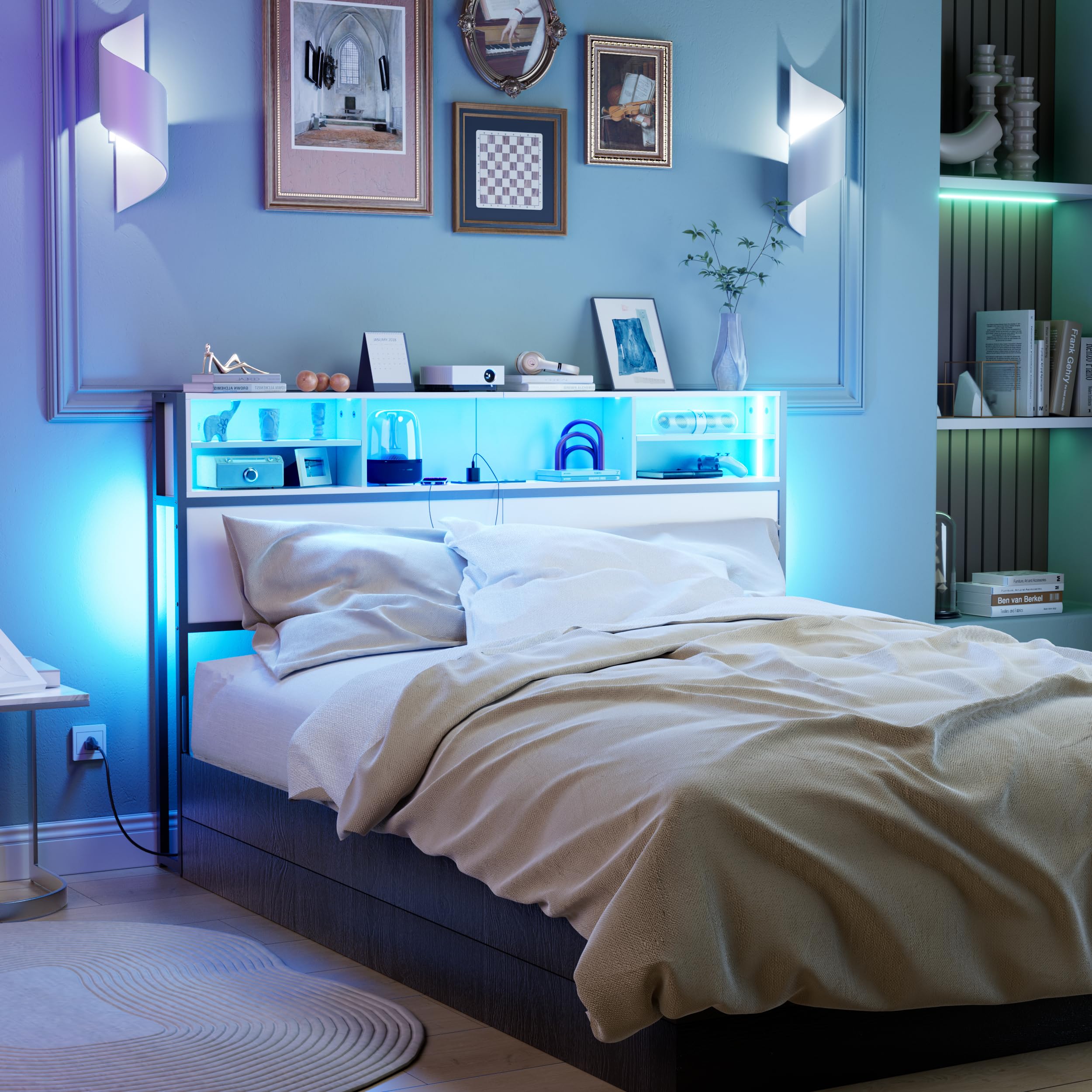 PAKASEPT Headboard Queen Size, Queen Headboards with Outlets, USB Ports and RGB LED Light, 4-Tier Storage Queen Head Board Only for Queen Size Bed, Height Adjustable, White