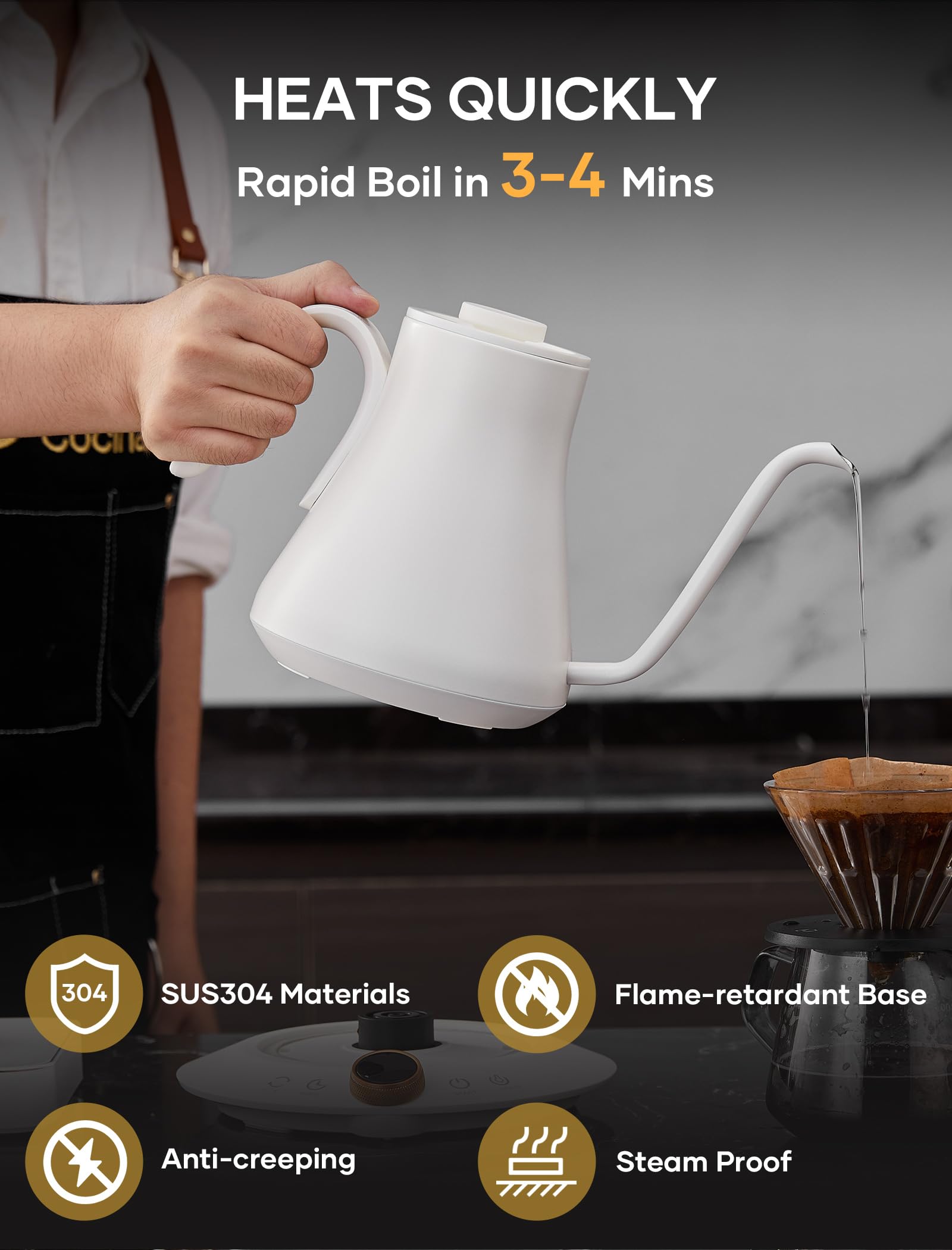 Cocinare Electric Gooseneck Kettle with Temperature Control, Pour Over Coffee & Tea, 1200W for 180-sec Quick Boil Time, Stainless Steel Kettle Water Boiler, 30oz/0.9L (White)