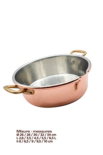 CREARTISTIC 100% Made in Italy Copper pot β Italian Risotto Copper Chef Pot - 12,6x3,7 inch, 5.8 Qt β 2 Brass Handles - Hand Hammered - Practical spout - Rice cooker β Italian Cookware - Pure Copper