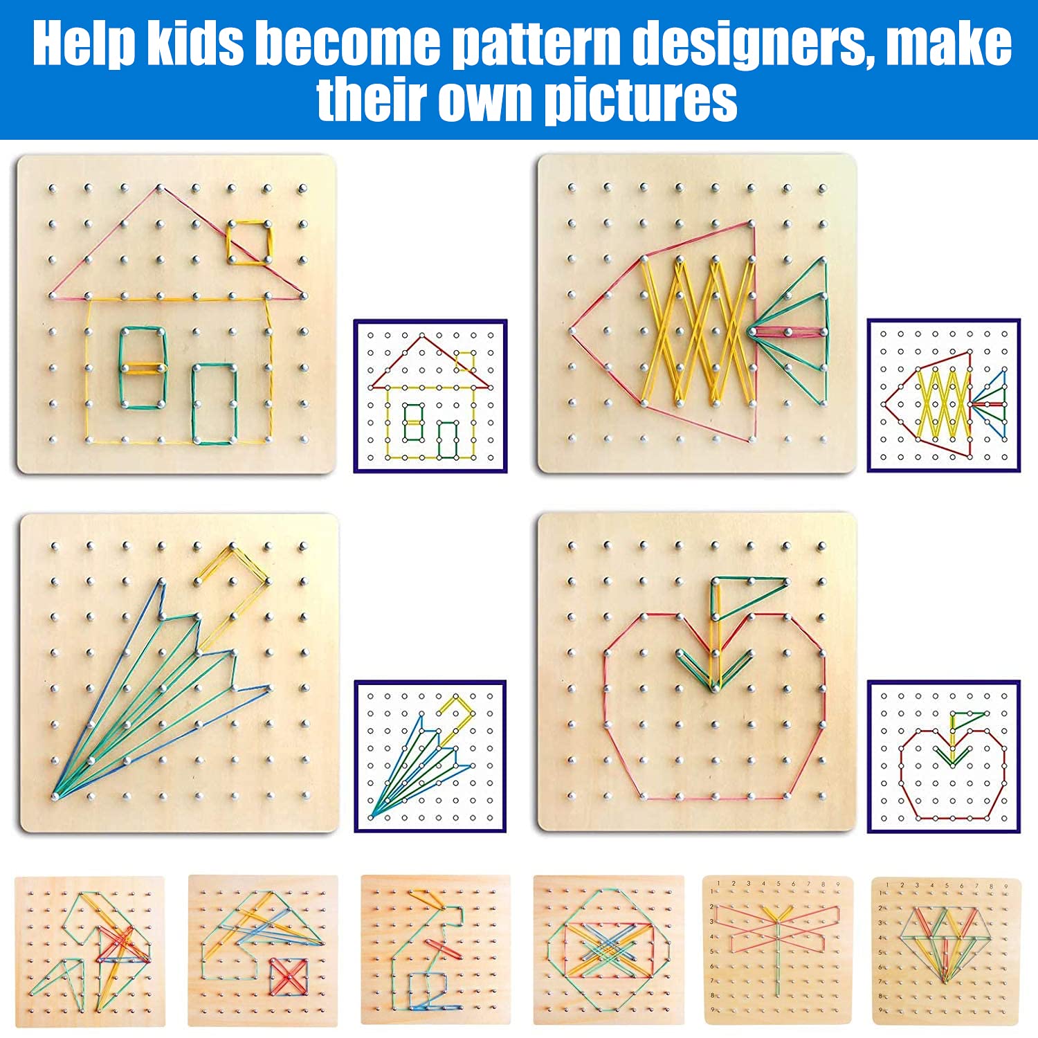 SGVV90 Wooden Geoboard,Mathematical Manipulative Material Array Block Geo Board with Pattern Cards and Rubber Bands to Create Figures and Shapes,Montessori Toy,Brain Teaser STEM Toy for Children Kids