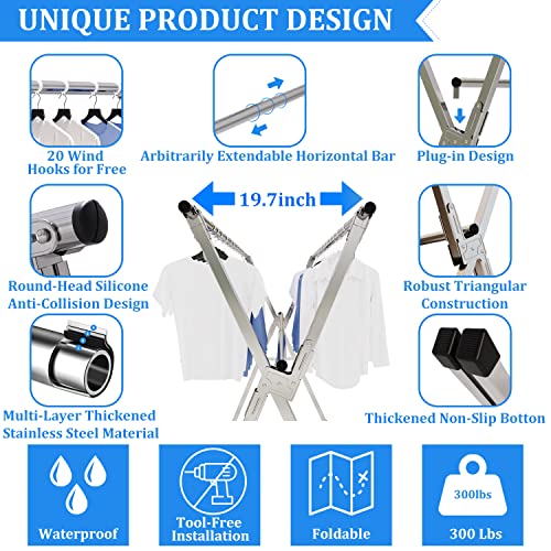 HJWTCQL 95IN Extra Large Clothes Drying Rack Folding Indoor,Drying Rack Clothing, Laundry Hanger Drying Racks,Stainless Steel Clothes Drying Racks Folding Indoor,Foldable Laundry Clothing Drying Rack